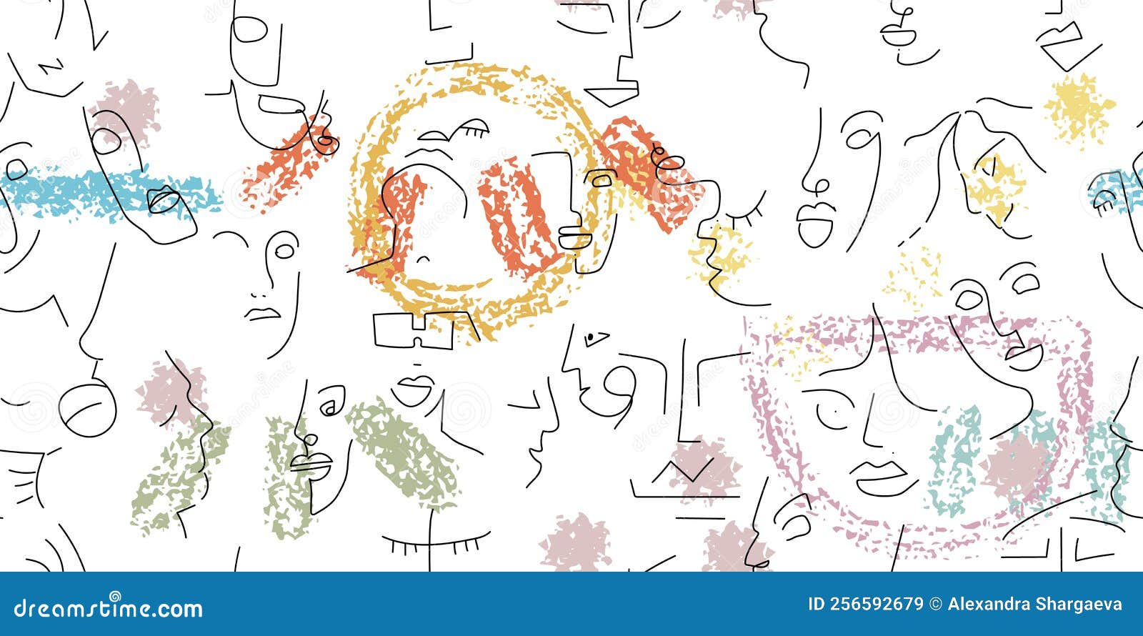 One Line Drawing Abstract Face Seamless Pattern Stock Vector