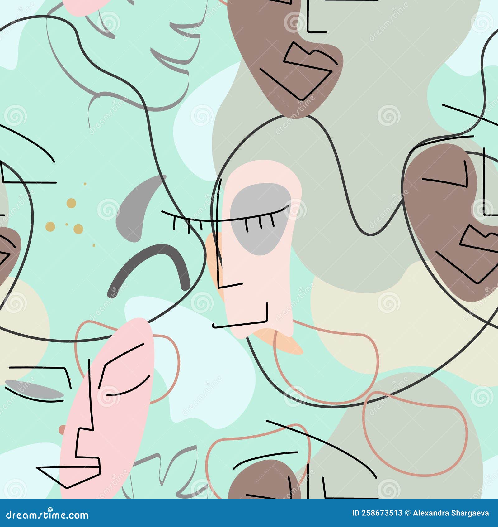 One Line Drawing. Abstract Face Seamless Pattern Stock Vector ...