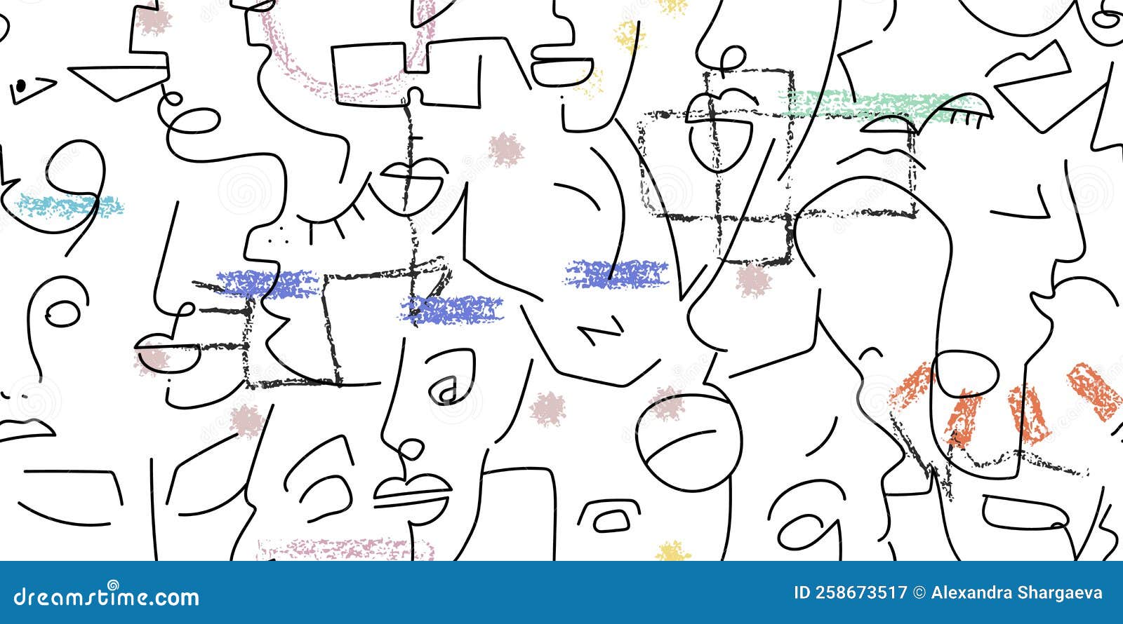 One Line Drawing. Abstract Face Seamless Pattern Stock Vector ...