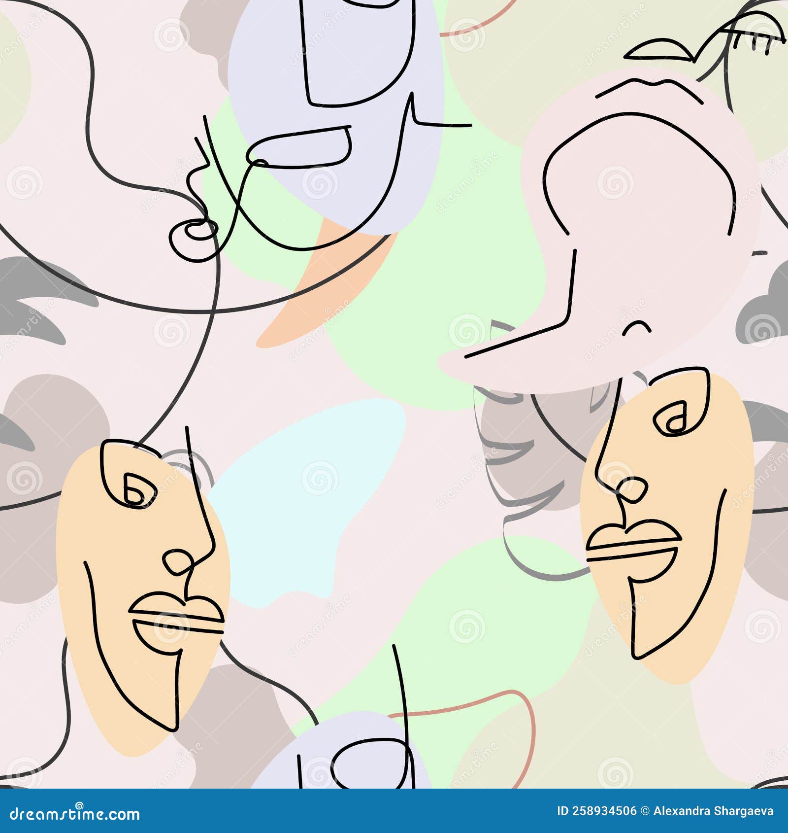 One Line Drawing. Abstract Face Seamless Pattern Stock Vector ...