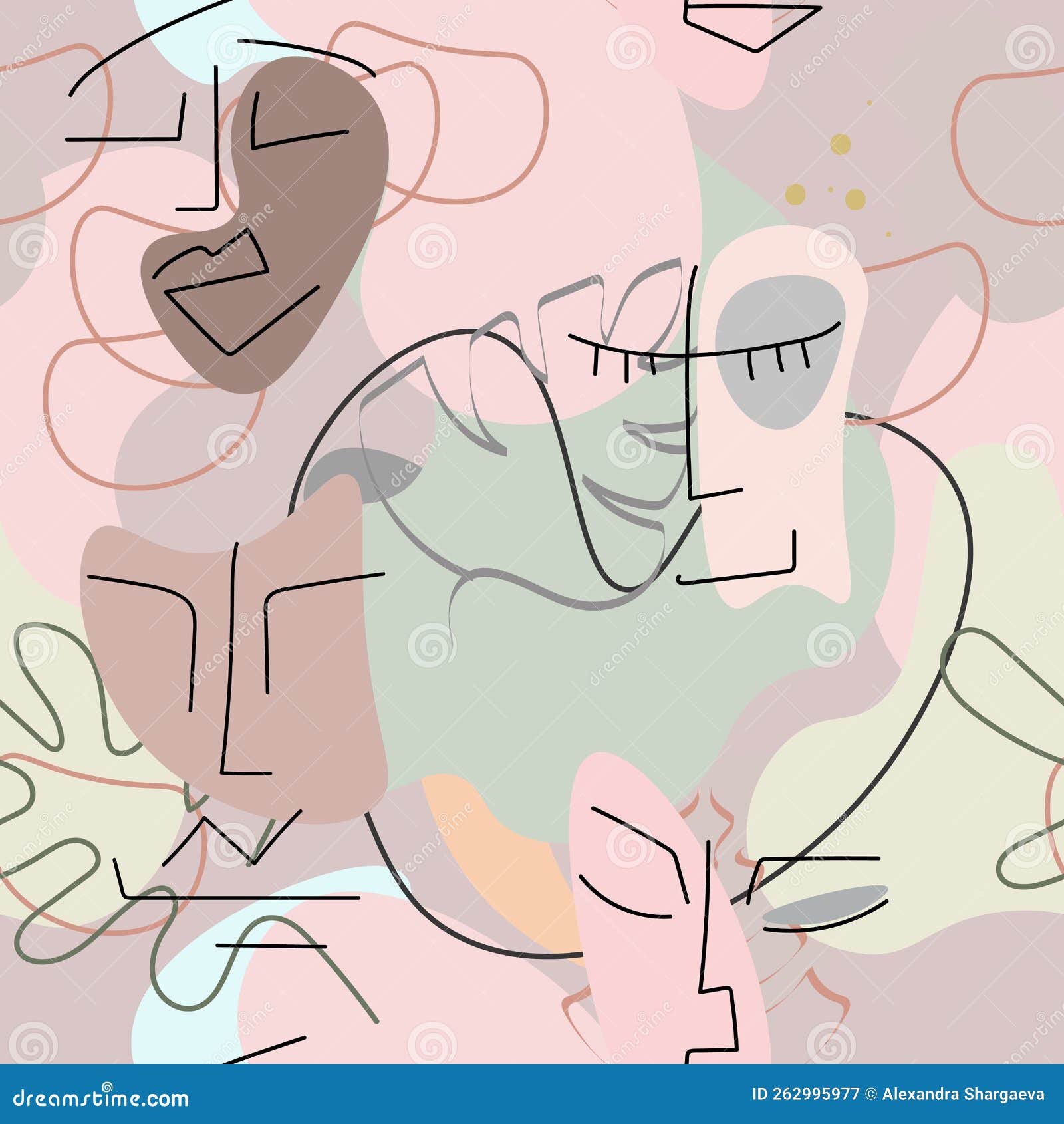 One Line Drawing. Abstract Face Seamless Pattern Stock Vector ...