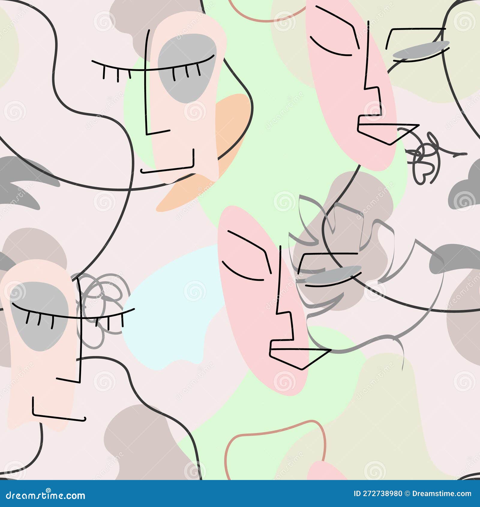 One Line Drawing. Abstract Face Seamless Pattern Stock Vector ...