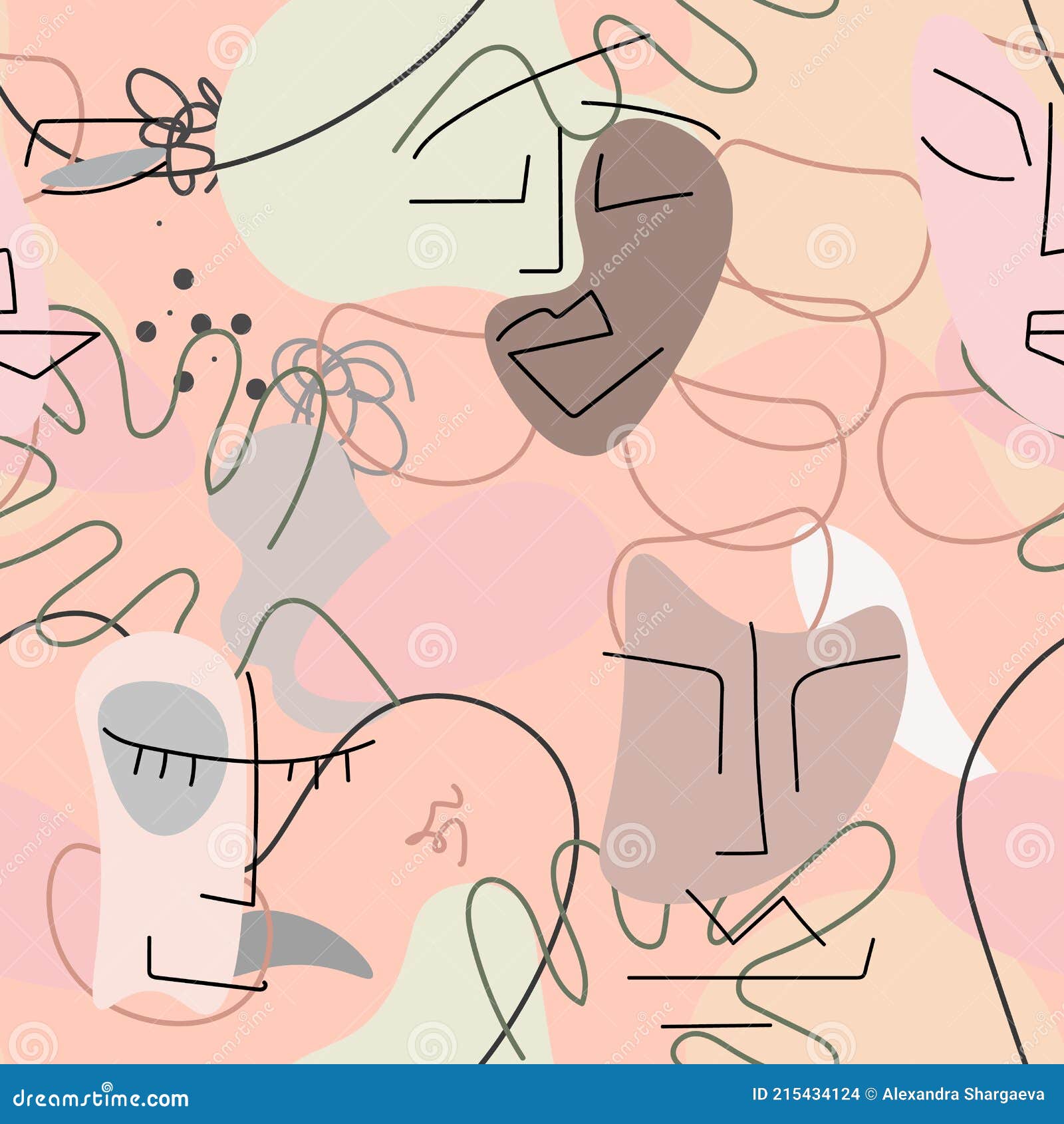 One Line Drawing. Abstract Face Seamless Pattern Stock Vector ...