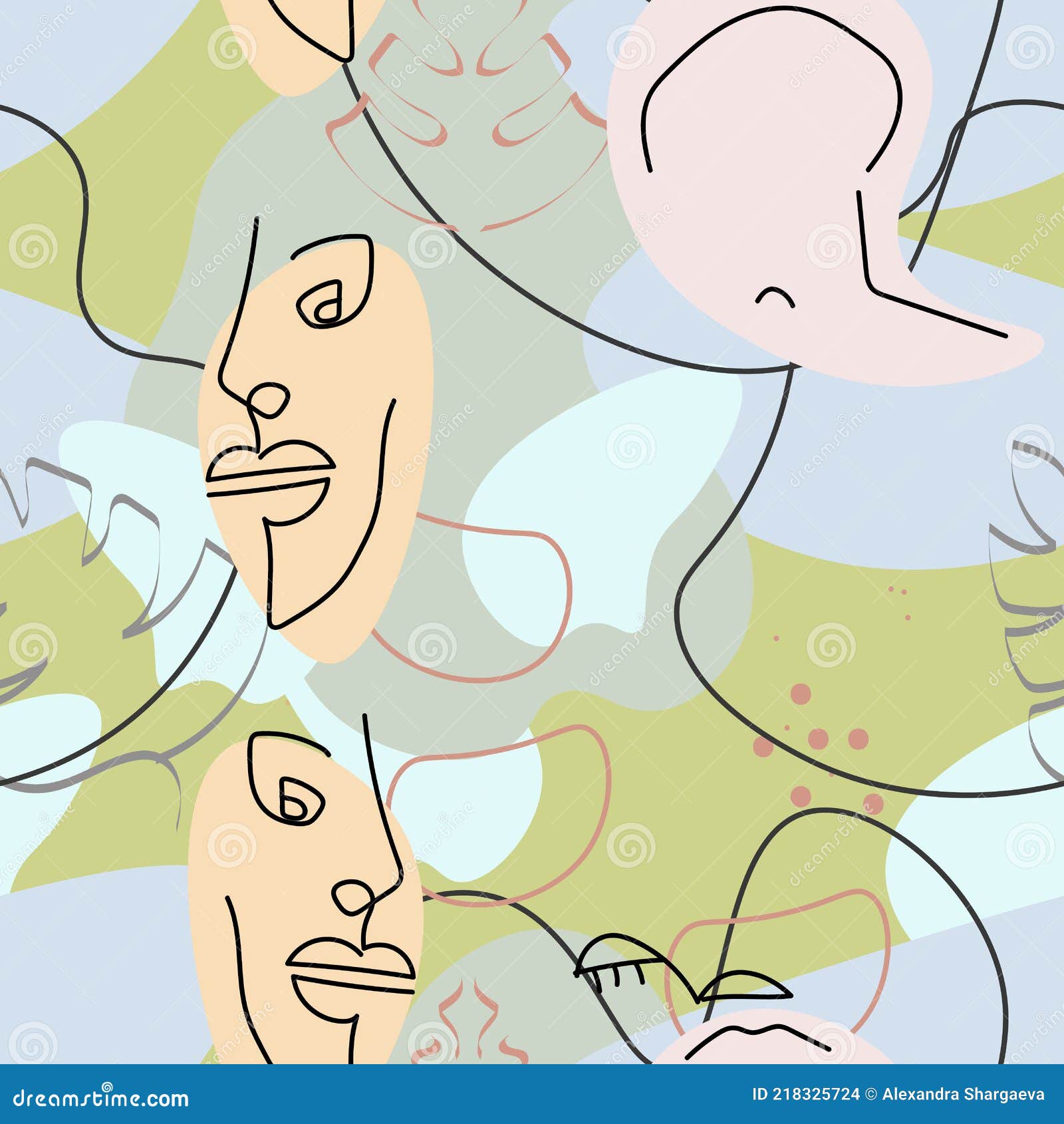 One Line Drawing. Abstract Face Seamless Pattern Stock Vector ...