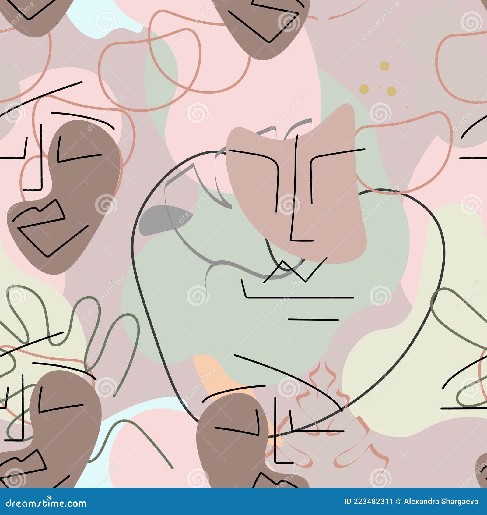 One Line Drawing. Abstract Face Seamless Pattern Stock Vector ...