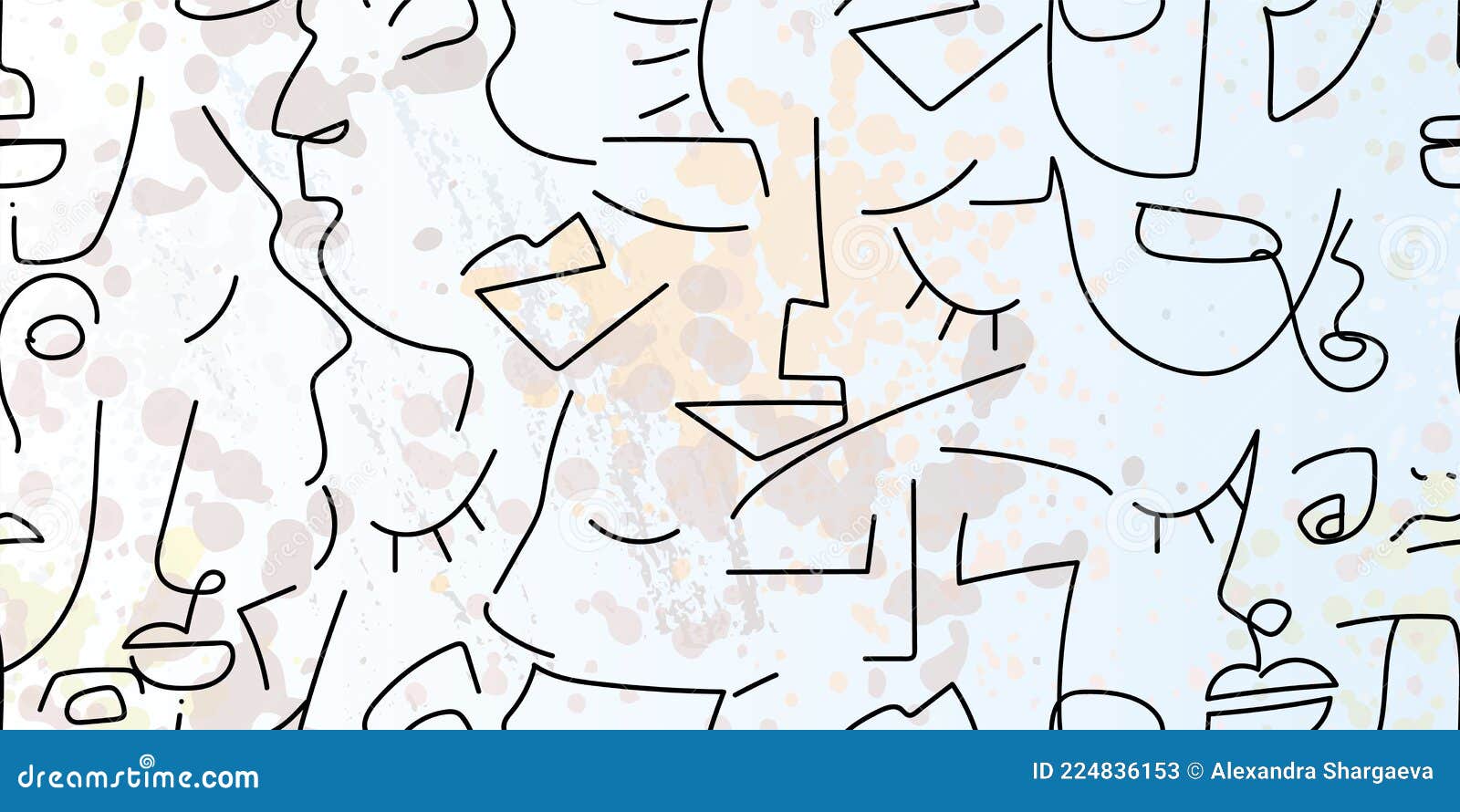 One Line Drawing. Abstract Face Seamless Pattern Stock Vector ...