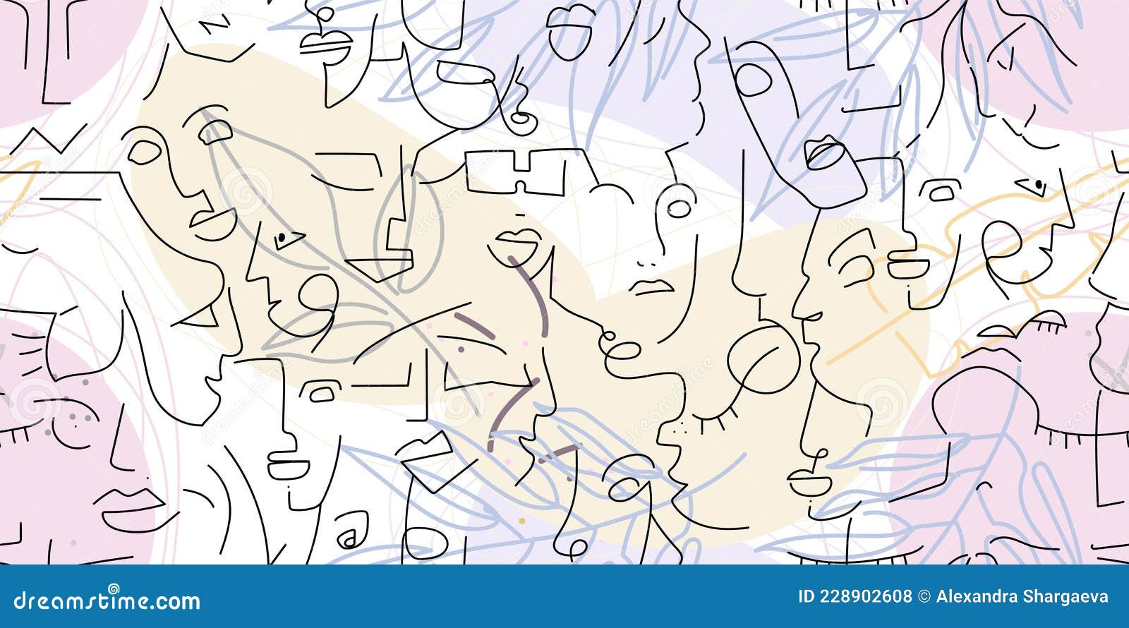 One Line Drawing. Abstract Face Seamless Pattern Stock Vector ...