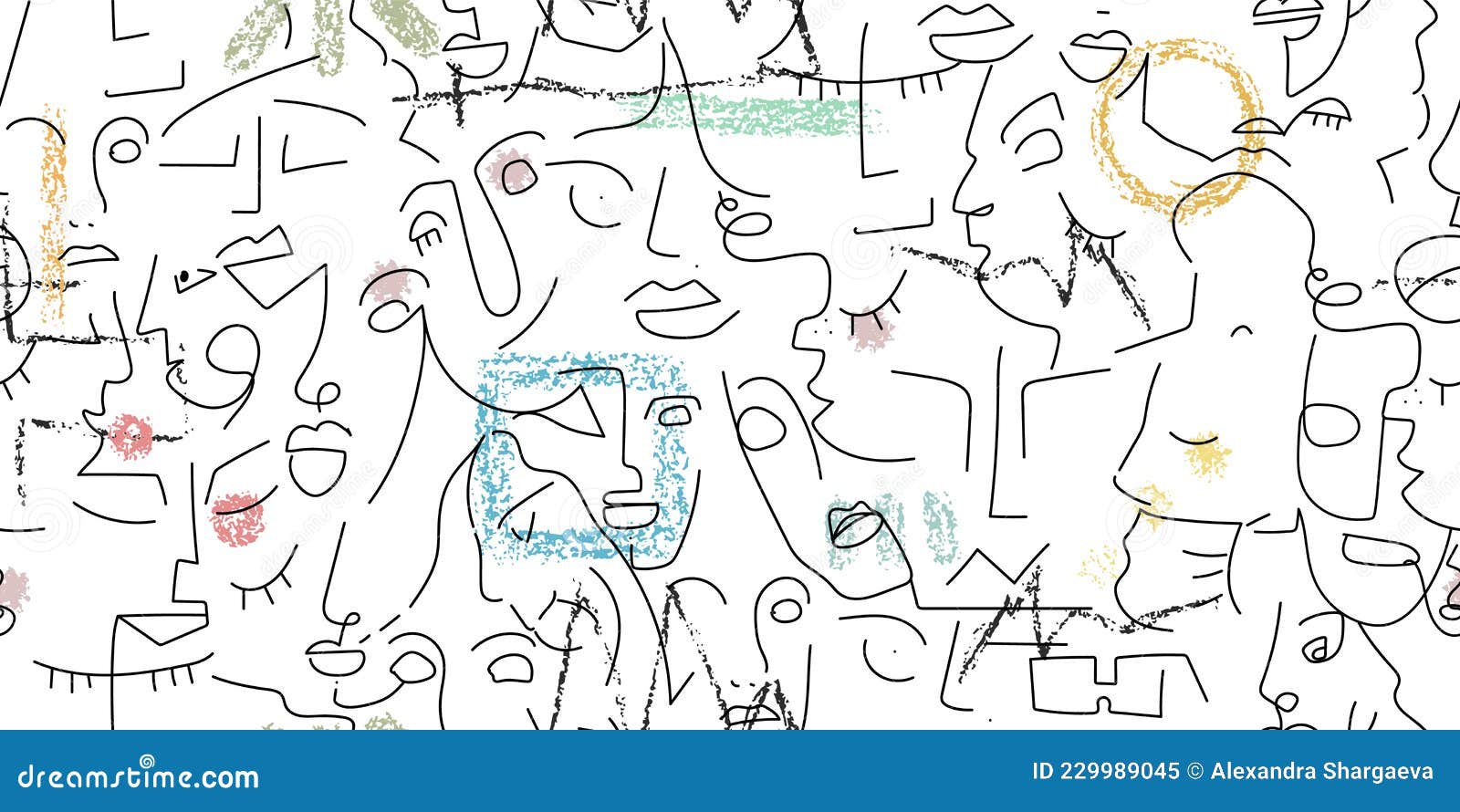 One Line Drawing. Abstract Face Seamless Pattern Stock Vector ...