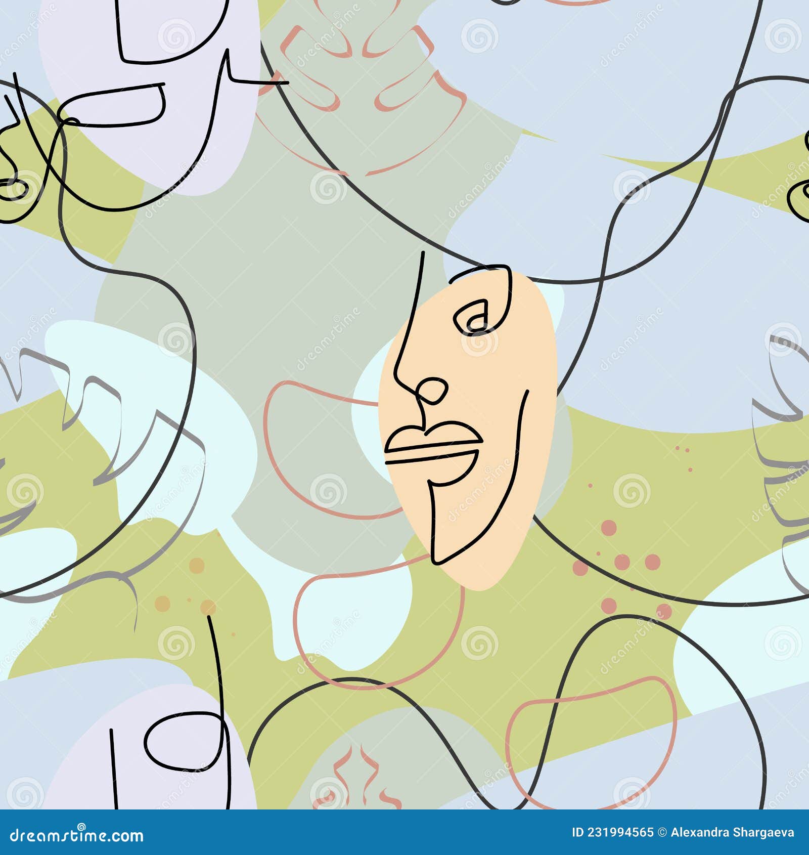 One Line Drawing. Abstract Face Seamless Pattern Stock Vector ...