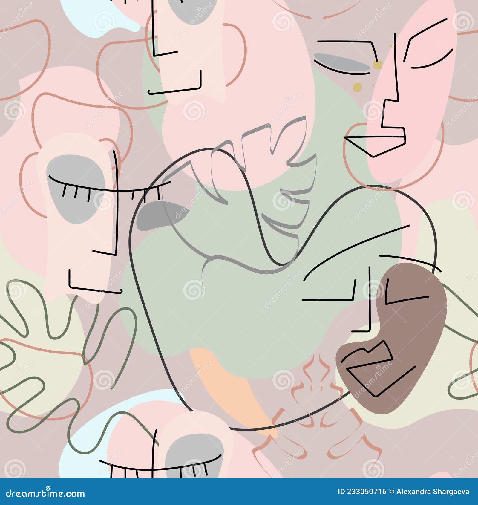 One Line Drawing. Abstract Face Seamless Pattern Stock Vector ...