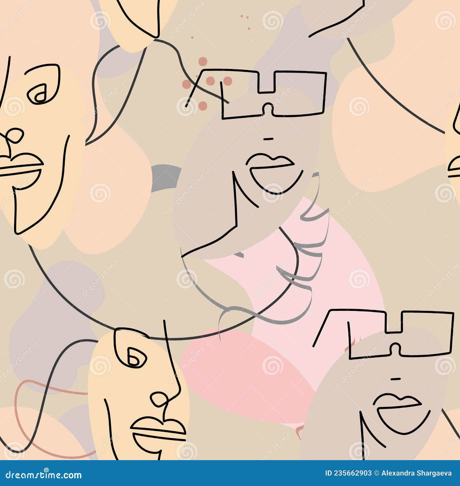 One Line Drawing. Abstract Face Seamless Pattern Stock Vector ...