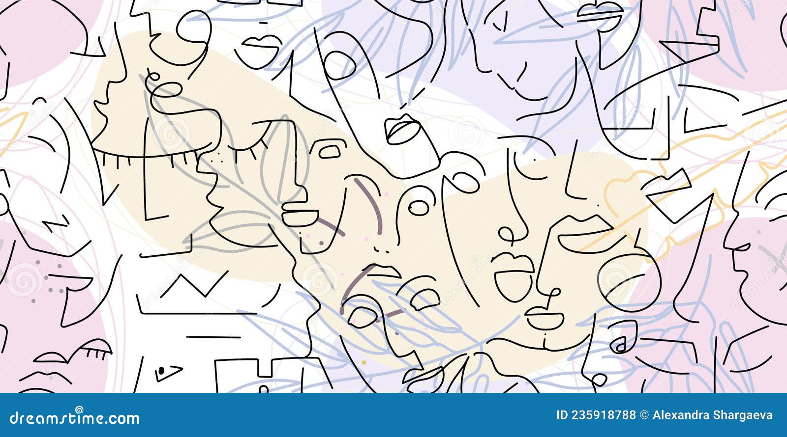 One Line Drawing Abstract Face Seamless Pattern Stock Vector