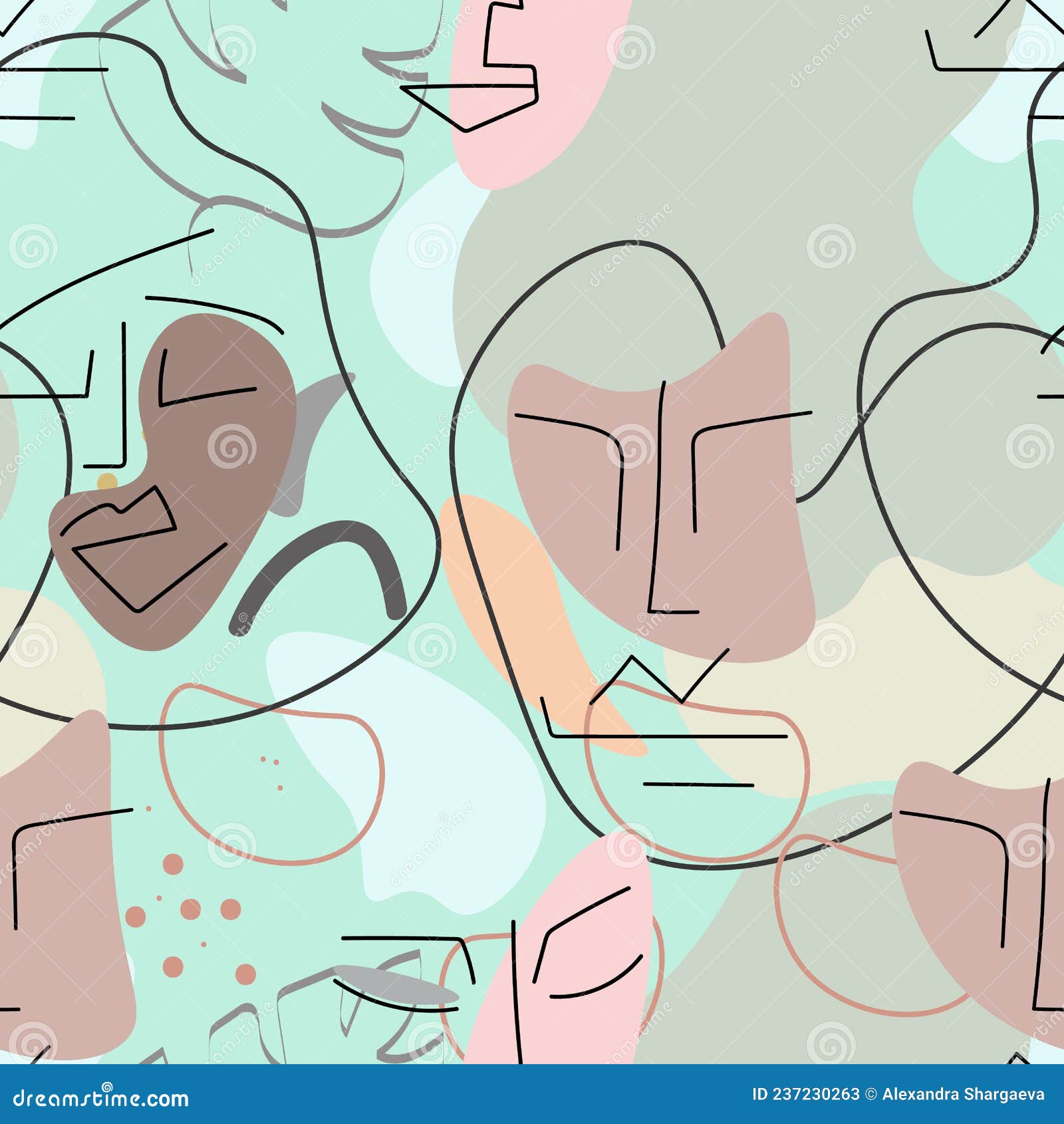 One Line Drawing. Abstract Face Seamless Pattern Stock Vector ...