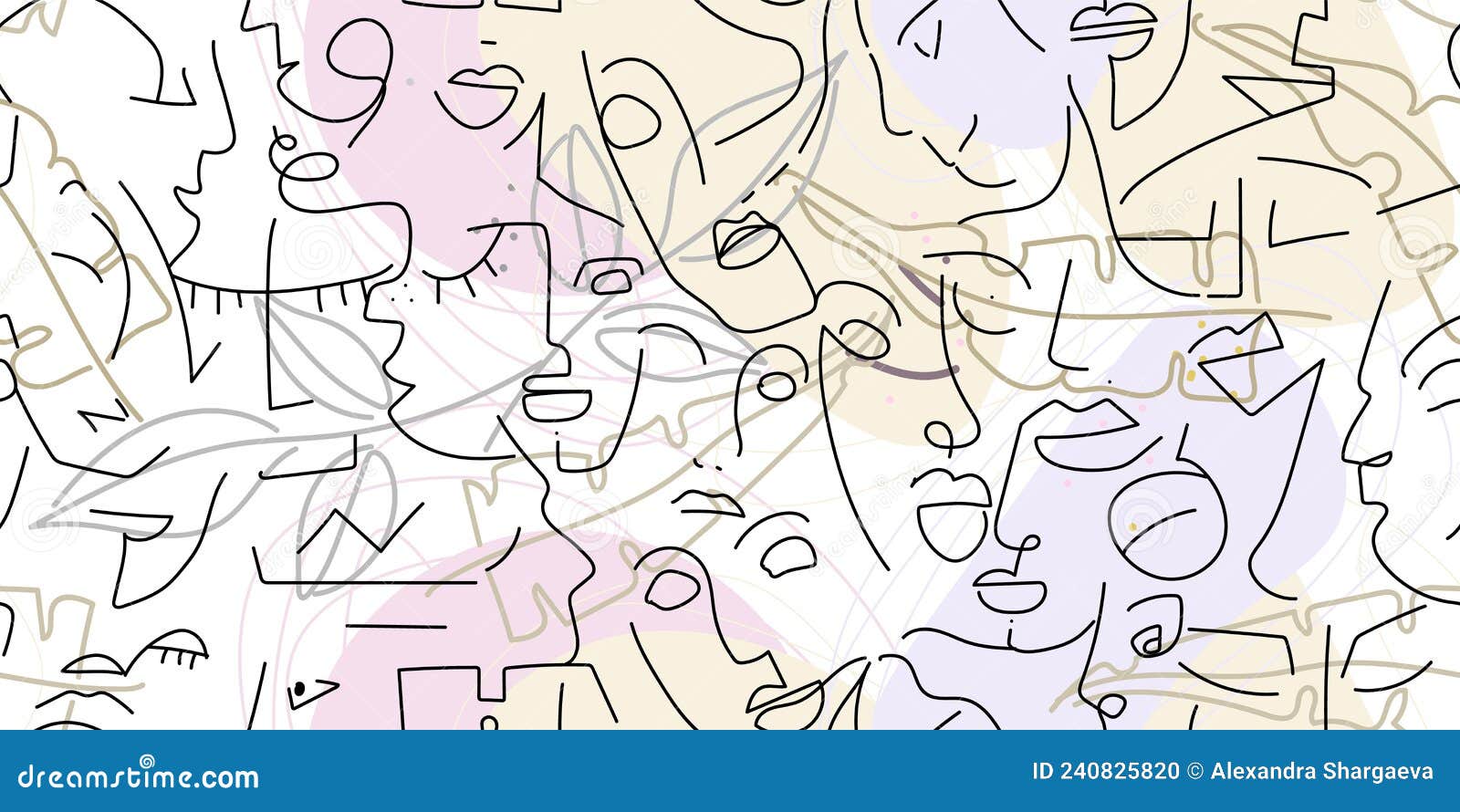 One Line Drawing. Abstract Face Seamless Pattern Stock Vector ...