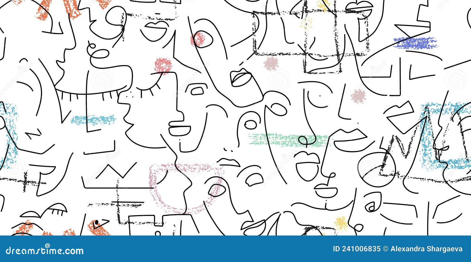 One Line Drawing. Abstract Face Seamless Pattern Stock Vector ...