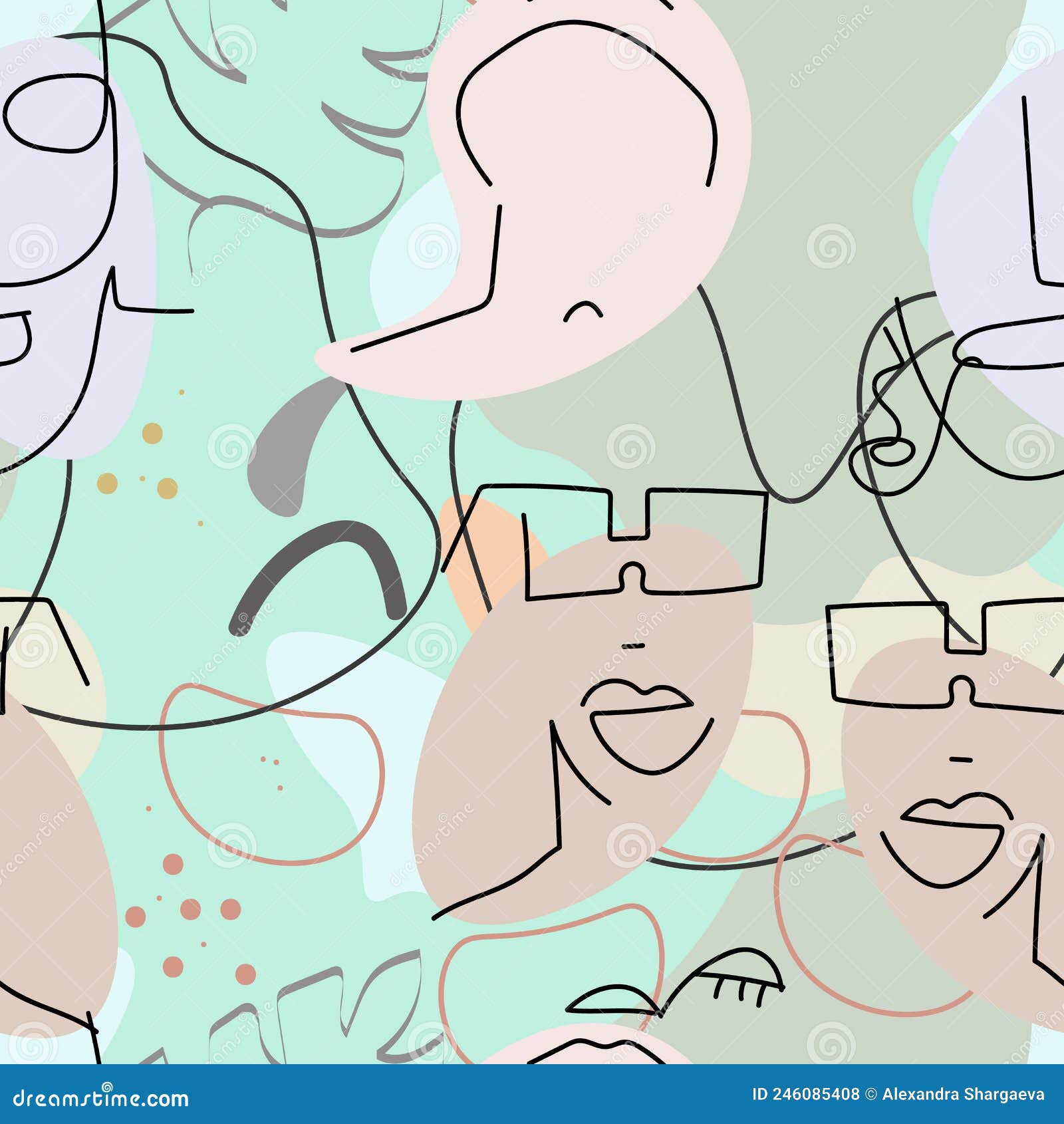 One Line Drawing. Abstract Face Seamless Pattern Stock Vector ...