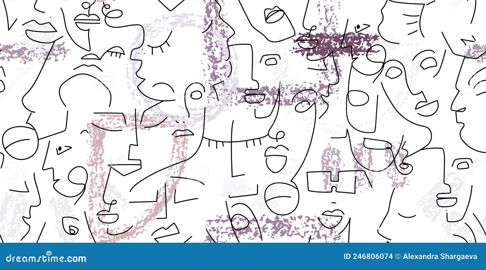 One Line Drawing. Abstract Face Seamless Pattern Stock Vector ...