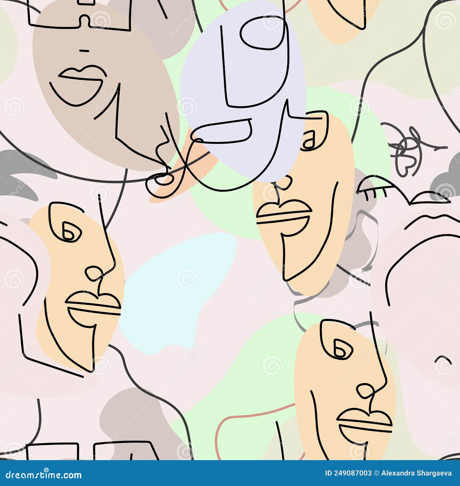 One Line Drawing. Abstract Face Seamless Pattern Stock Vector ...
