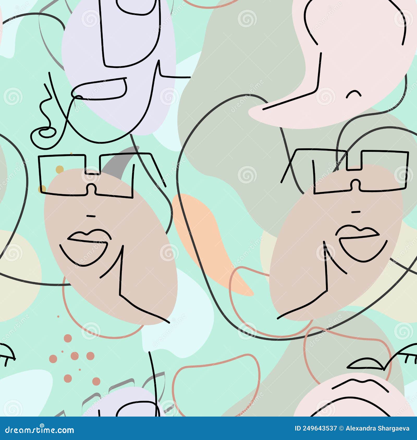 One Line Drawing. Abstract Face Seamless Pattern Stock Vector ...