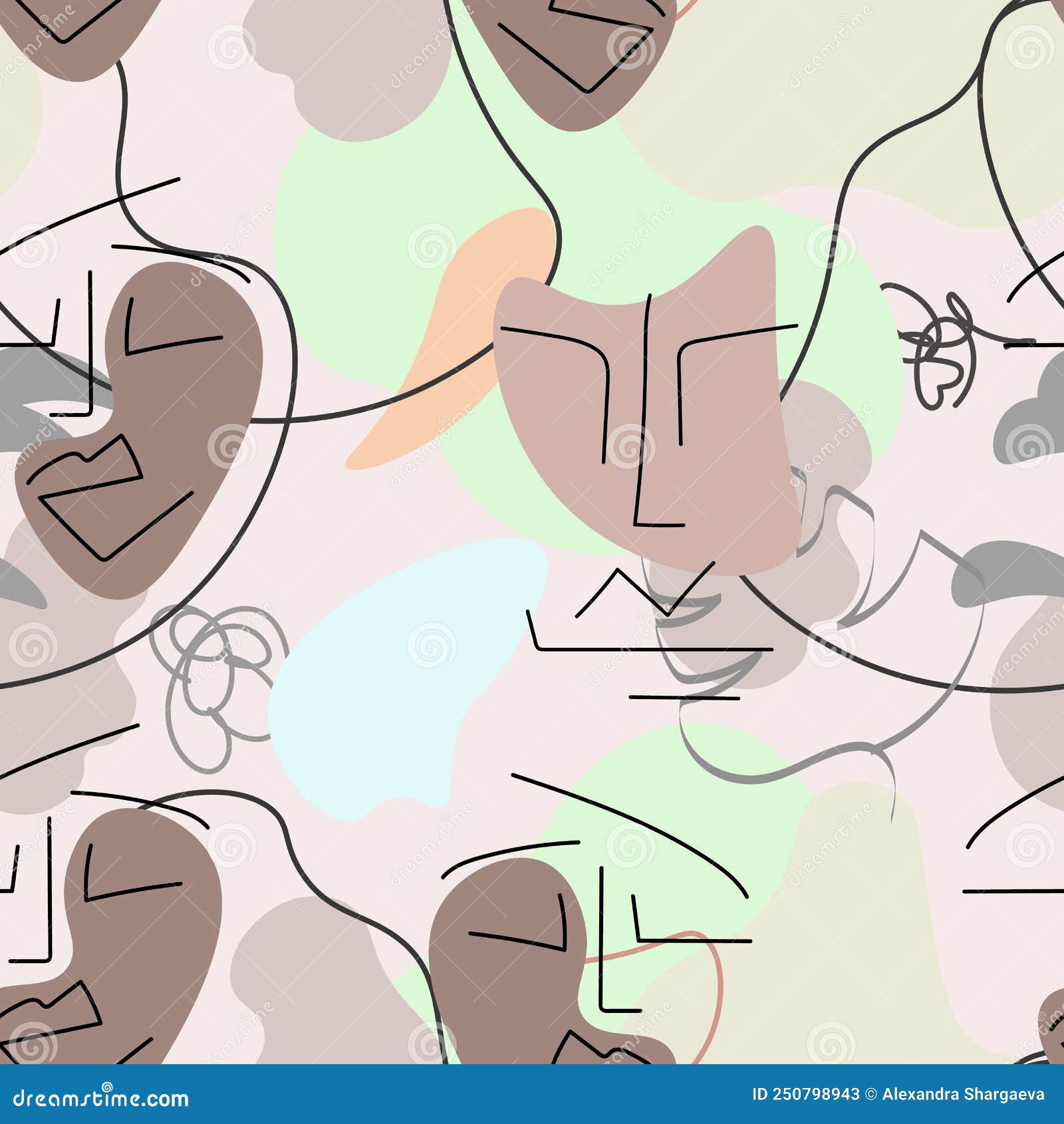 One Line Drawing. Abstract Face Seamless Pattern Stock Vector ...