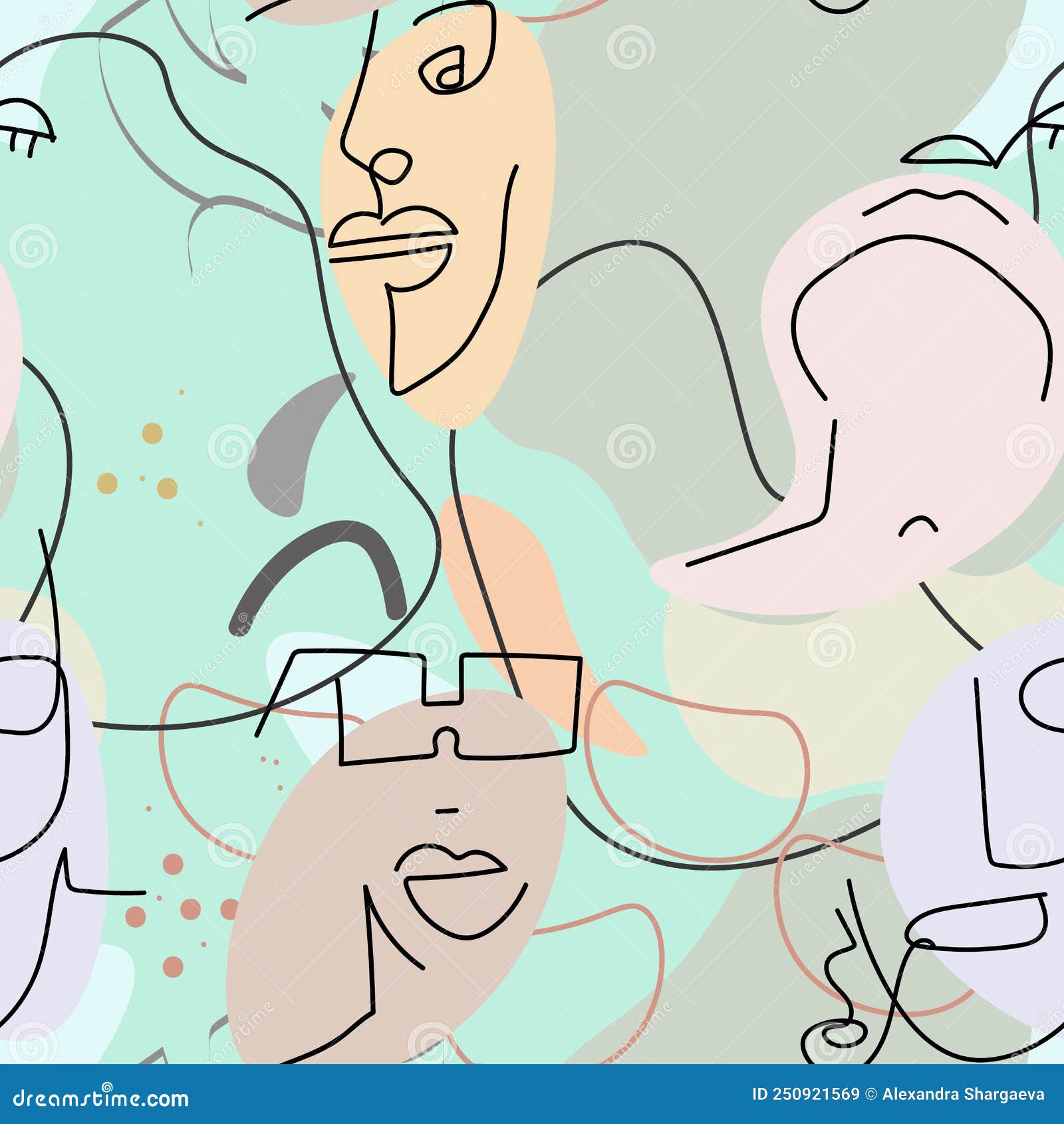 One Line Drawing. Abstract Face Seamless Pattern Stock Vector ...