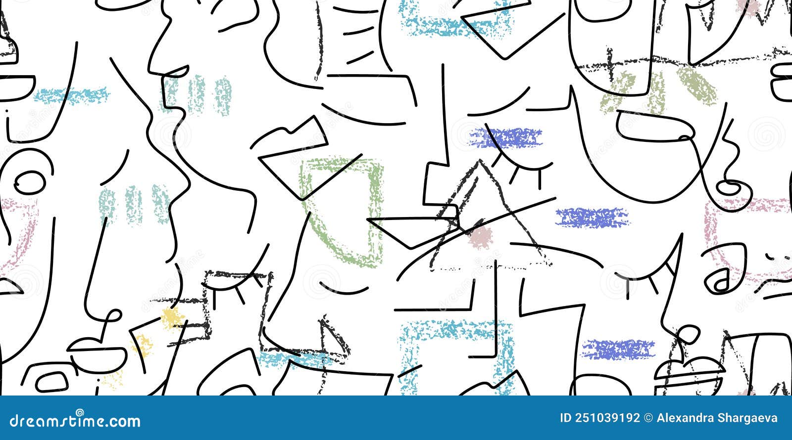 One Line Drawing. Abstract Face Seamless Pattern Stock Vector ...