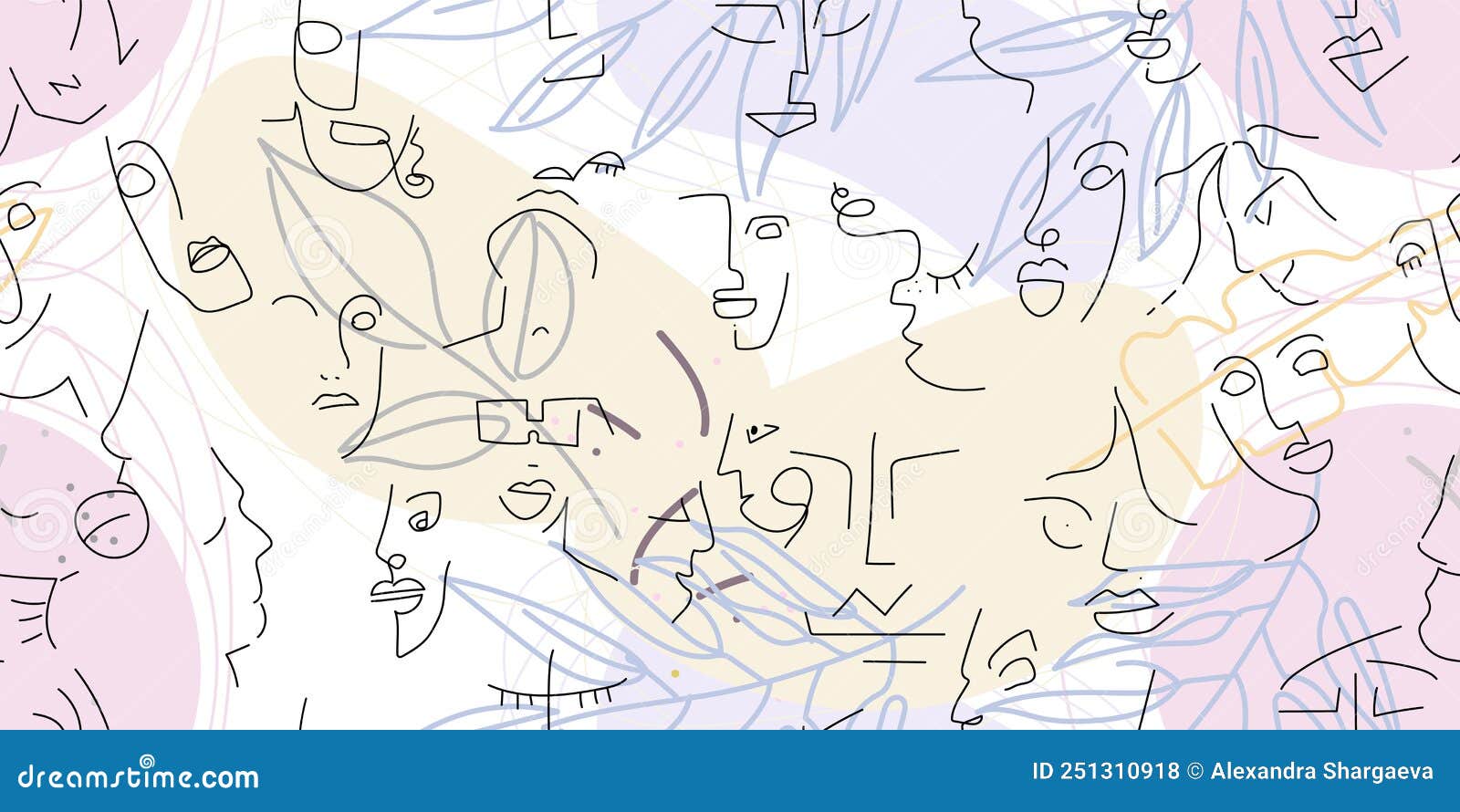 One Line Drawing. Abstract Face Seamless Pattern Stock Vector ...