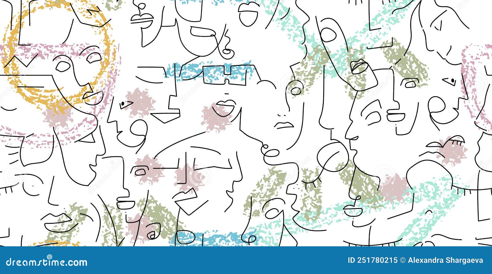 One Line Drawing. Abstract Face Seamless Pattern Stock Vector ...