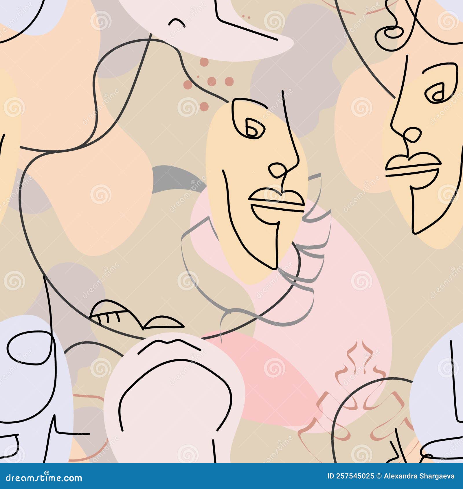 One Line Drawing. Abstract Face Seamless Pattern Stock Vector ...