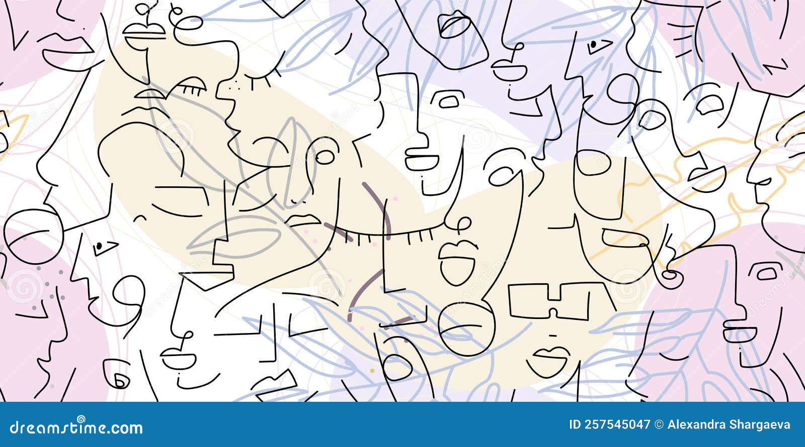 One Line Drawing. Abstract Face Seamless Pattern Stock Illustration ...