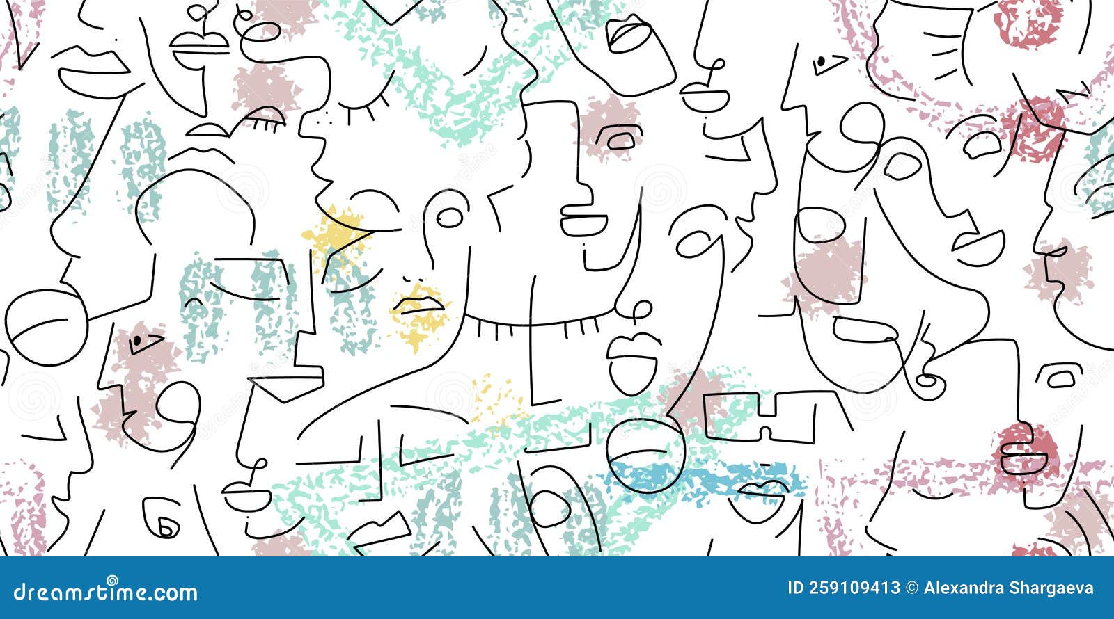 One Line Drawing. Abstract Face Seamless Pattern Stock Vector ...