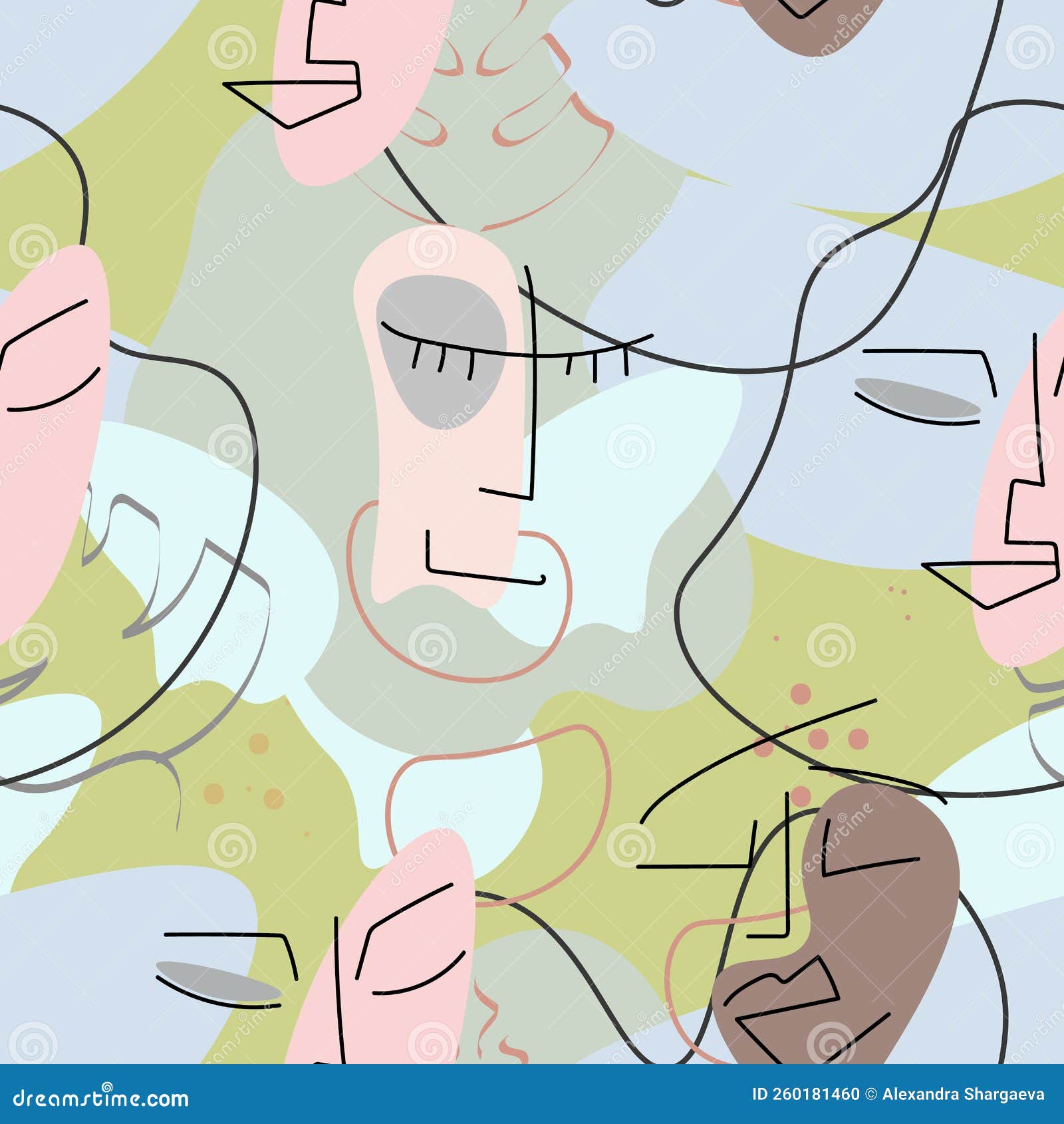 One Line Drawing Abstract Face Seamless Pattern Stock Vector