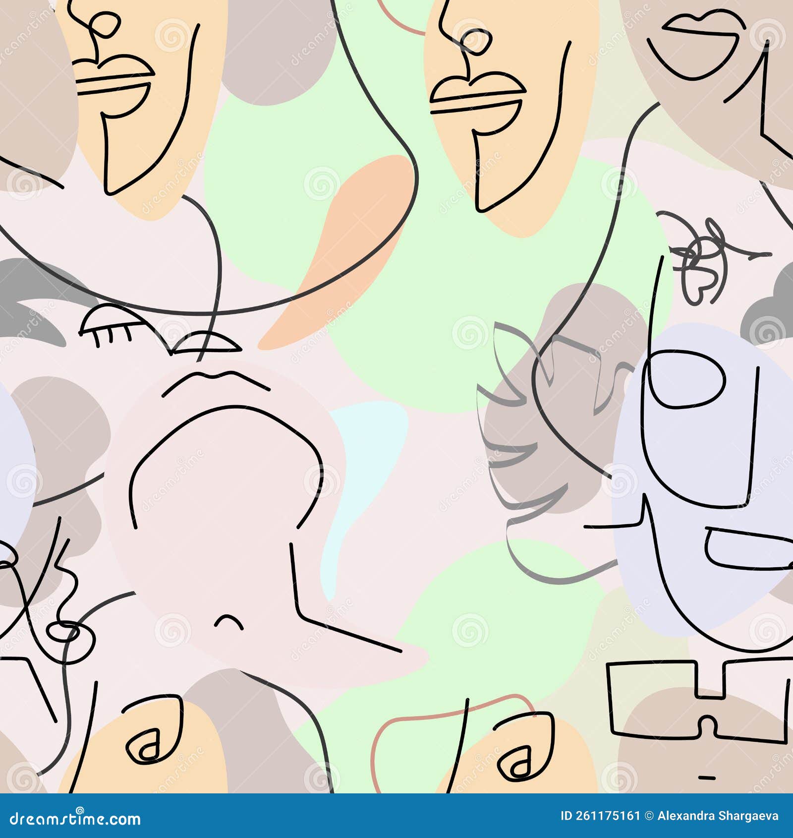 One Line Drawing Abstract Face Seamless Pattern Stock Vector