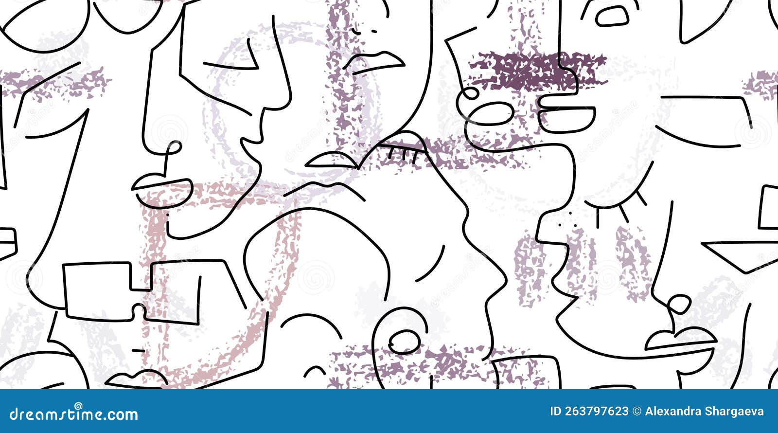 One Line Drawing. Abstract Face Seamless Pattern Stock Vector ...