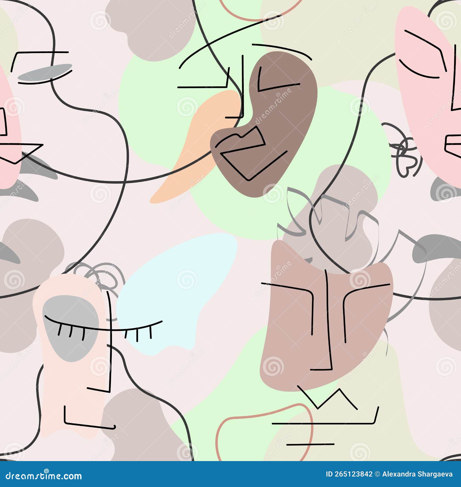 One Line Drawing Abstract Face Seamless Pattern Stock Vector