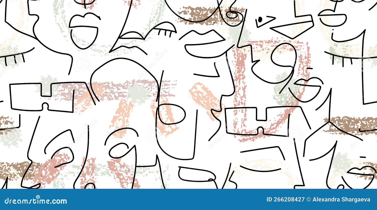 One Line Drawing. Abstract Face Seamless Pattern Stock Vector ...
