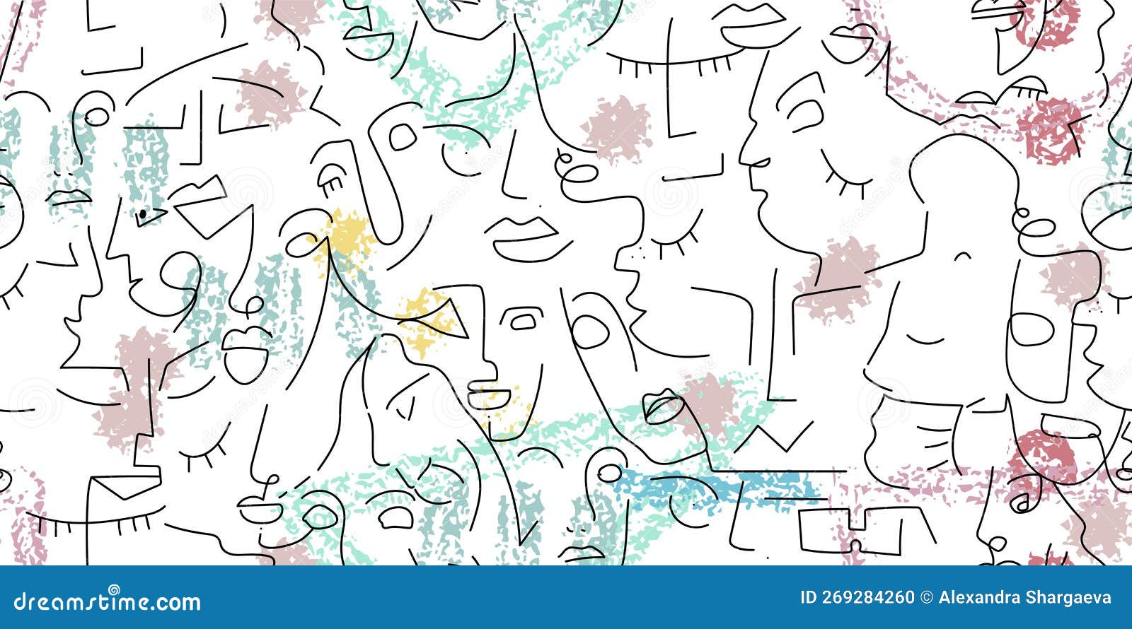 One Line Drawing. Abstract Face Seamless Pattern Stock Vector ...