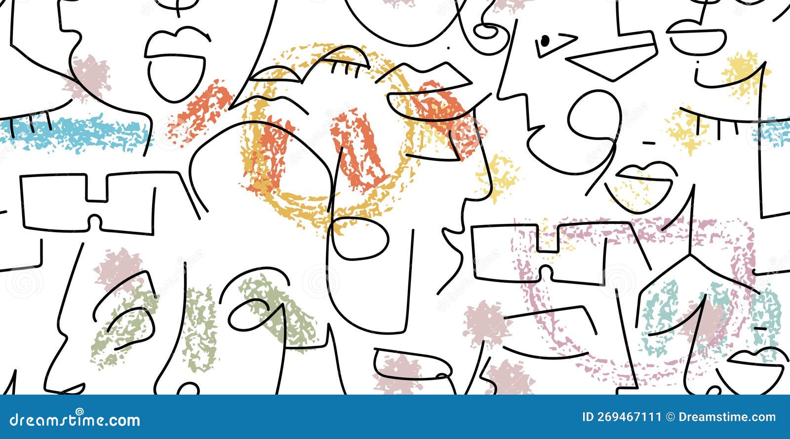 One Line Drawing. Abstract Face Seamless Pattern Stock Vector ...