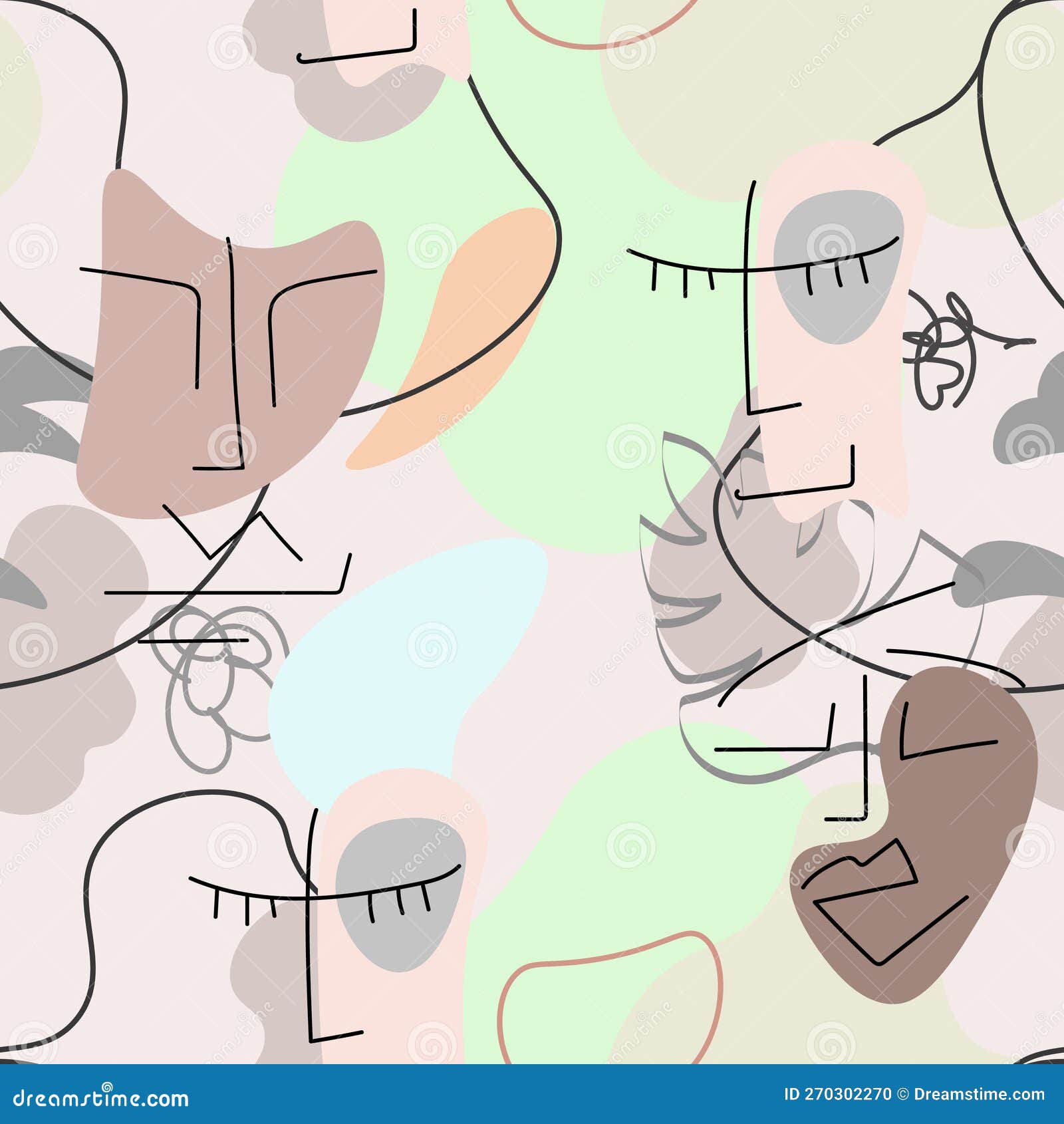 One Line Drawing. Abstract Face Seamless Pattern Stock Vector ...