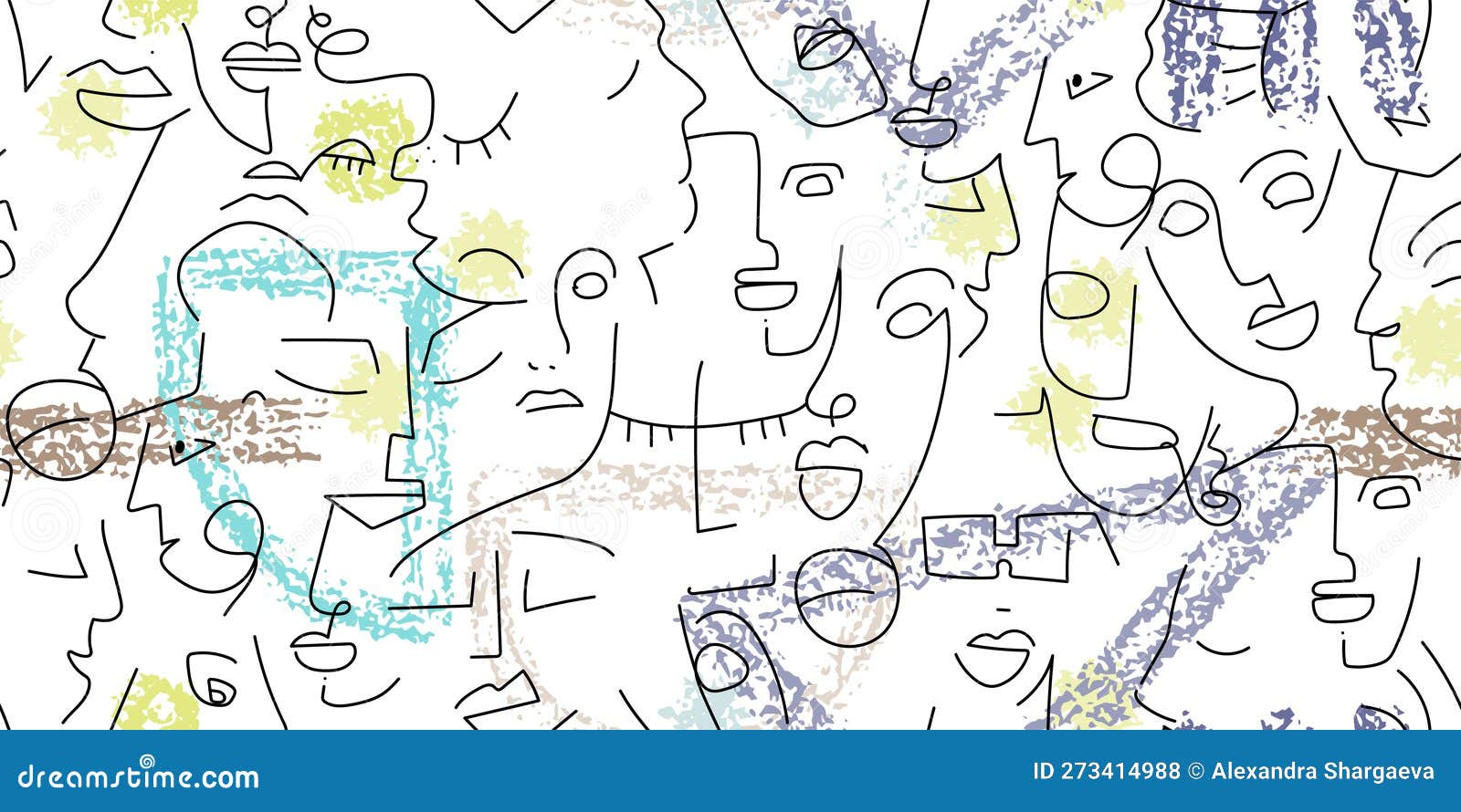 One Line Drawing. Abstract Face Seamless Pattern Stock Vector ...