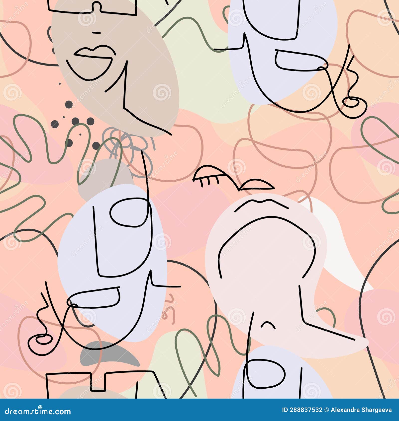 One Line Drawing. Abstract Face Seamless Pattern Stock Illustration ...