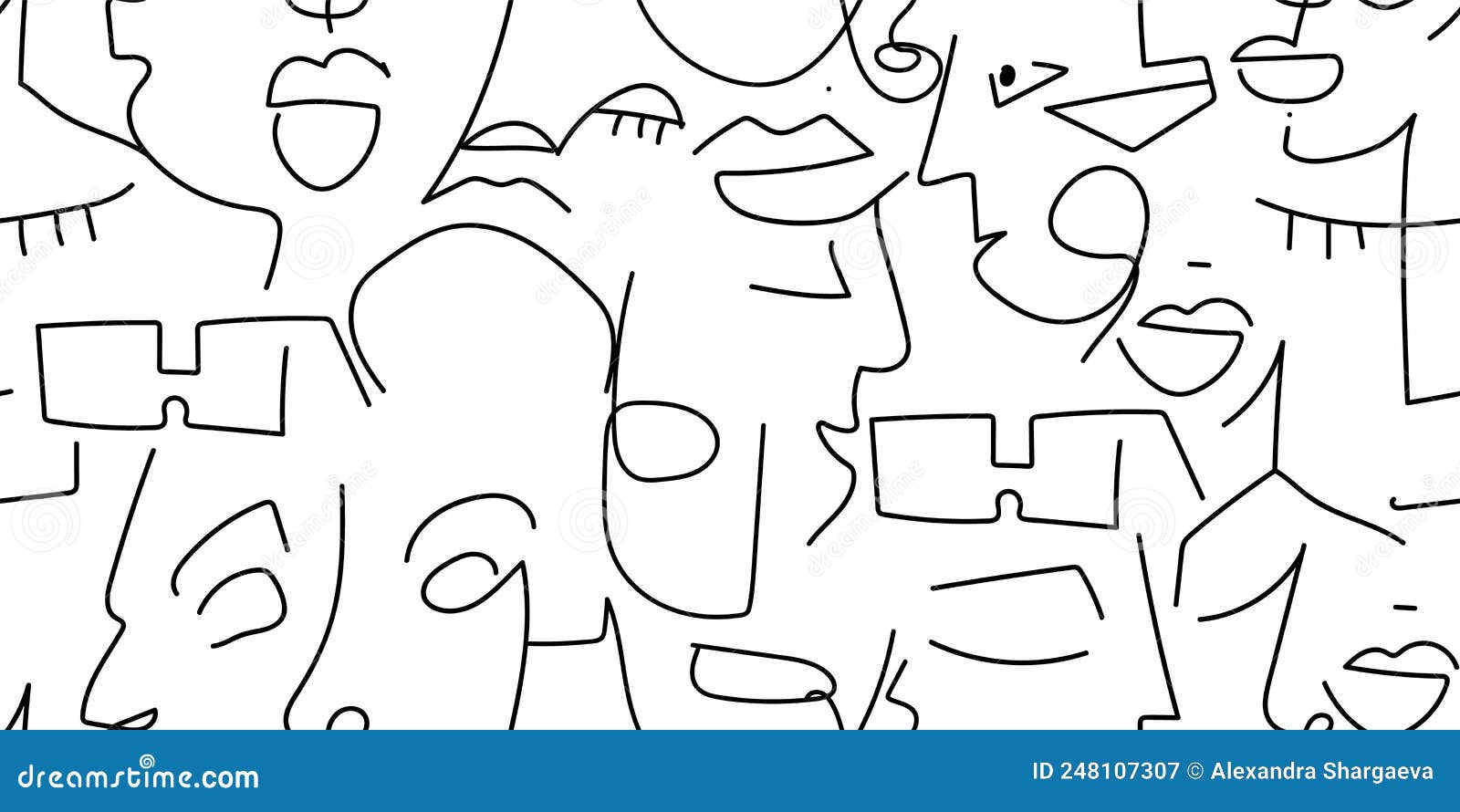 One Line Drawing Black White Face Seamless Pattern Stock Vector ...