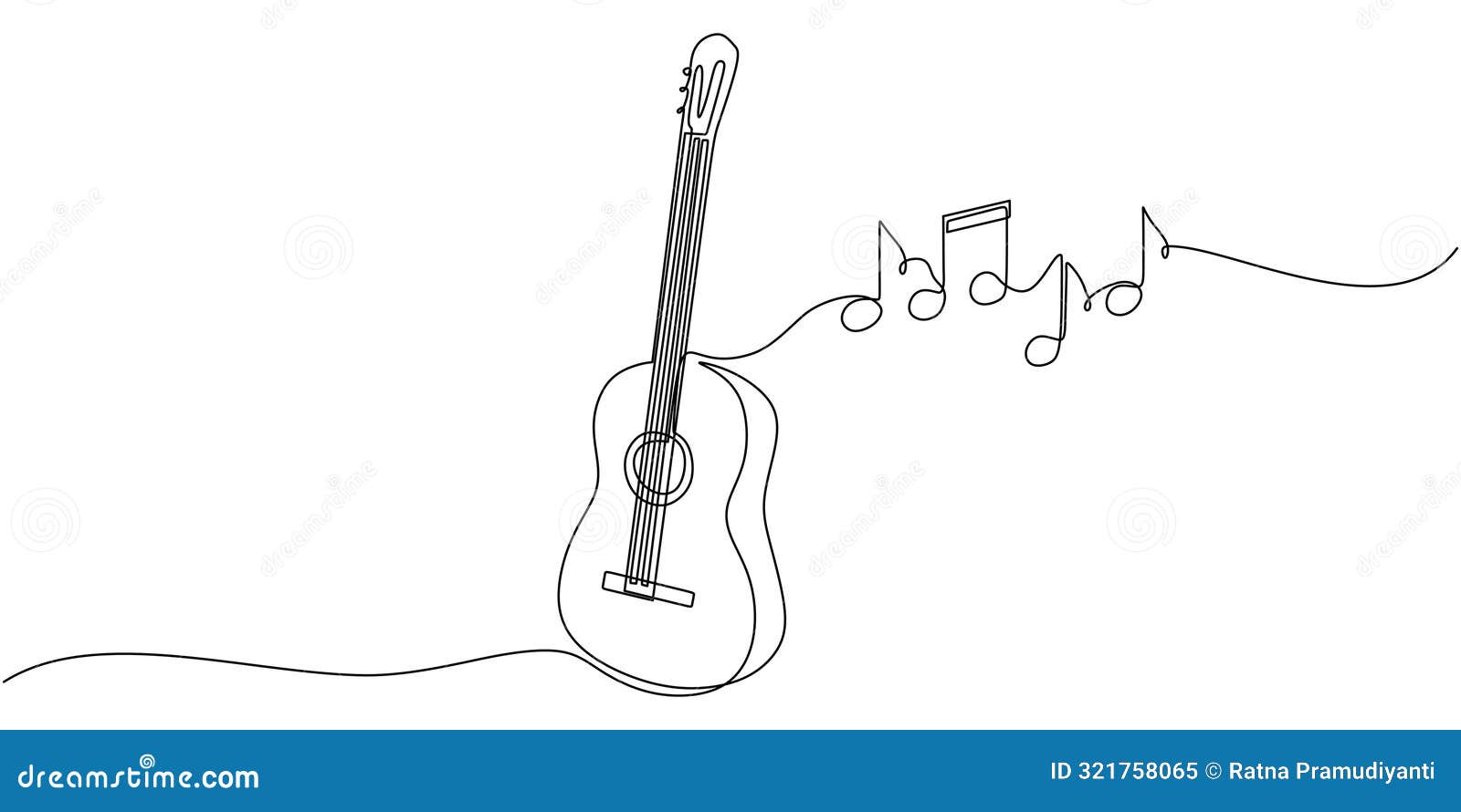One Line Drawing of Classic Guitar with Music Notes Tone Design ...