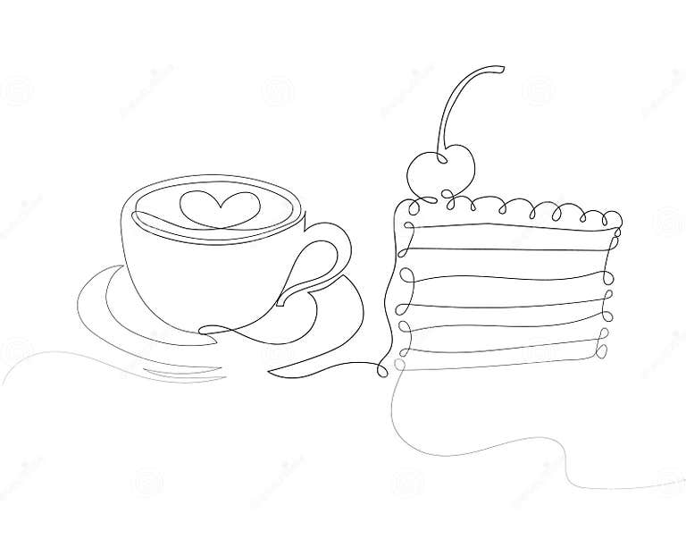One Line Drawing of Cup of Coffe and Cake. Vector Illustration Stock ...