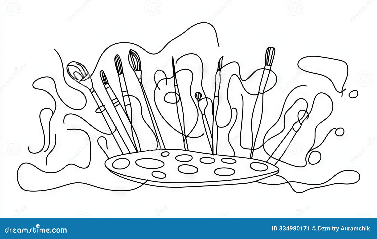 The One Line Drawing Depicts a Set of Brushes and a Palette of Paint ...