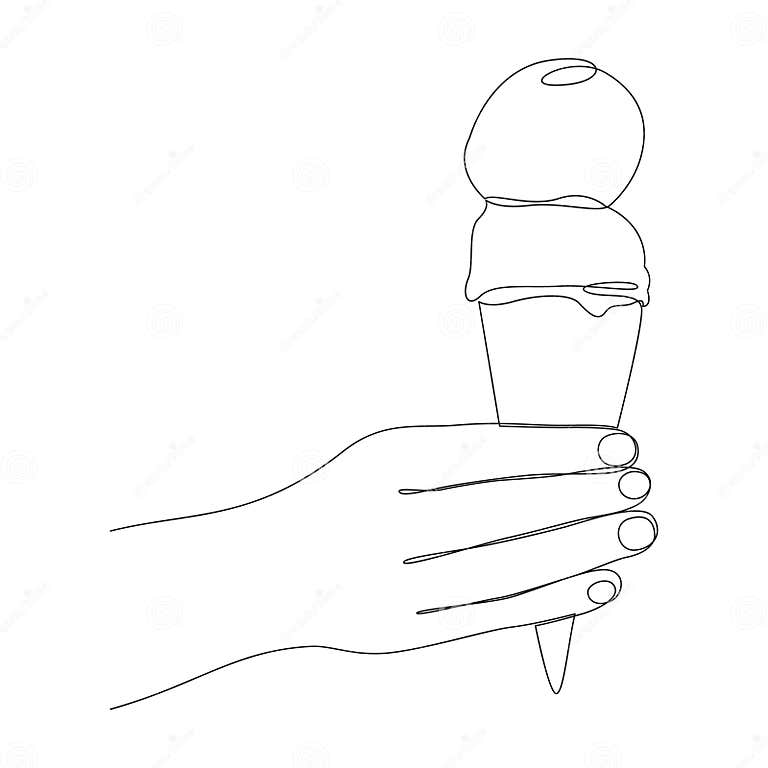 One Line Drawing Of Hand Holding Ice Cream Horn With Two Balls Vector