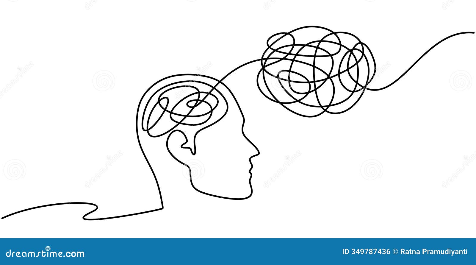 One Line Drawing of a Head with a Brain and Knotty Thread, Symbolizing ...