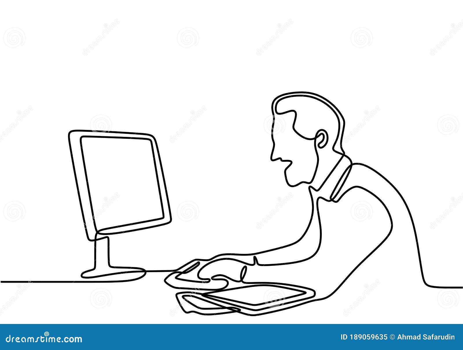 One Line Drawing of Man Working with Laptop Computer Behind Desk. Young ...