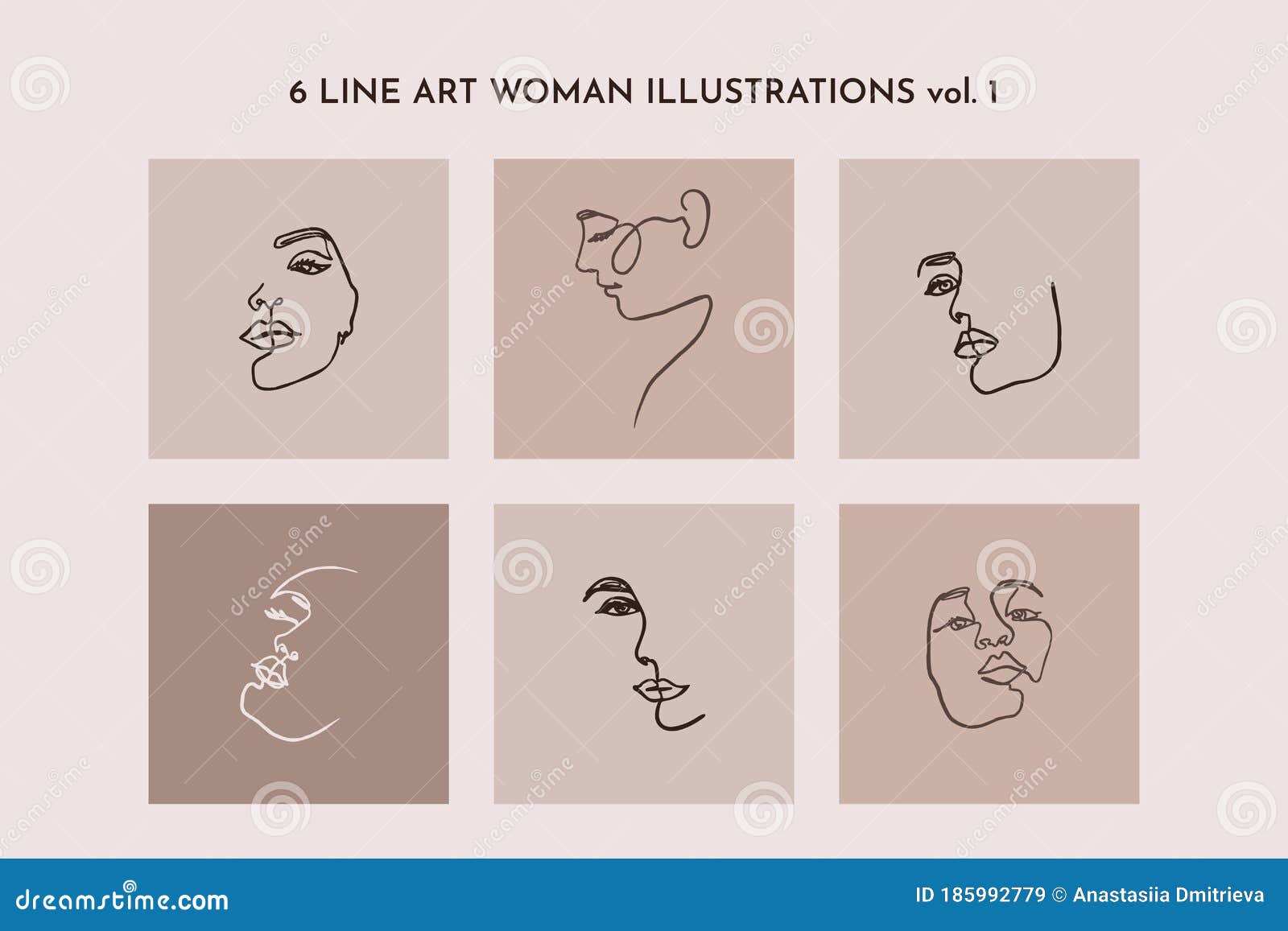 One Line Drawing Of Set Woman`s Face Continuous Line Portrait Of A