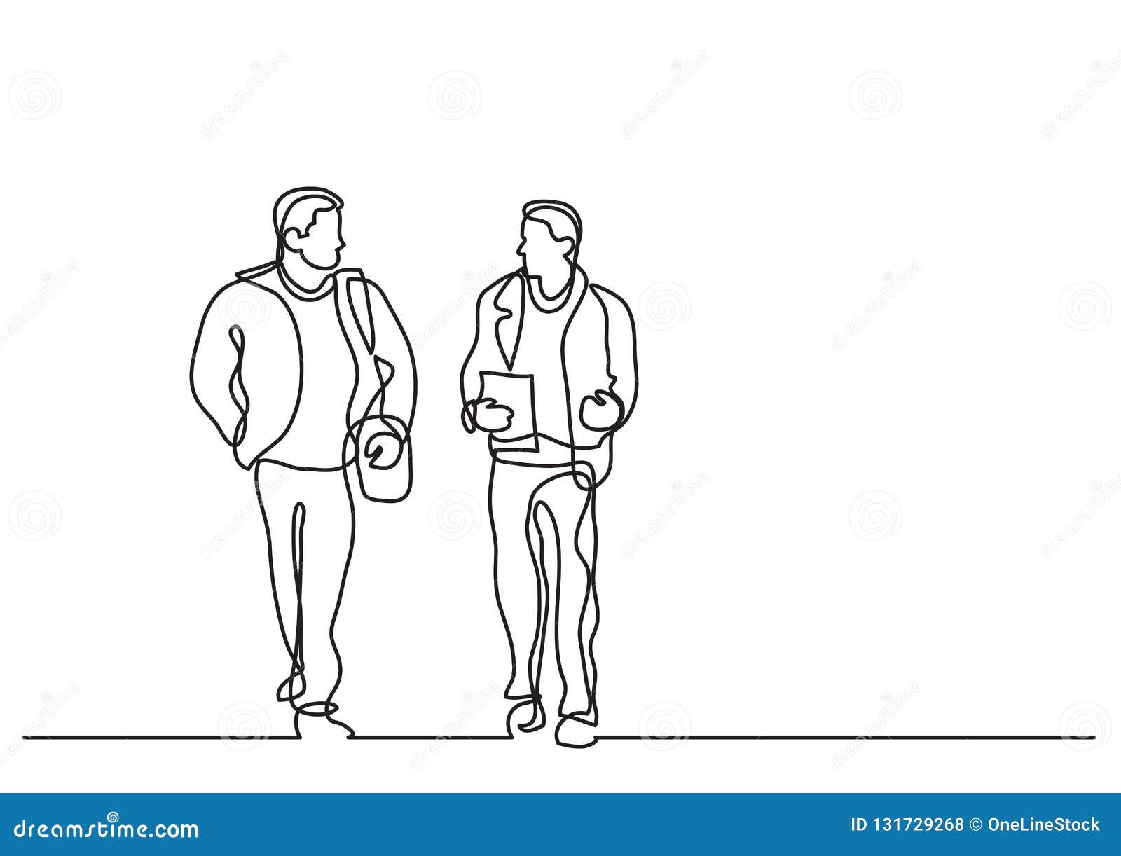 One Line Drawing of Two Men Walking and Talking Stock Vector ...